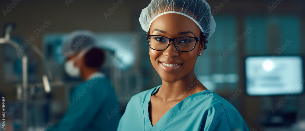 An African American surgeon displays her happiness with a wide smile in ...
