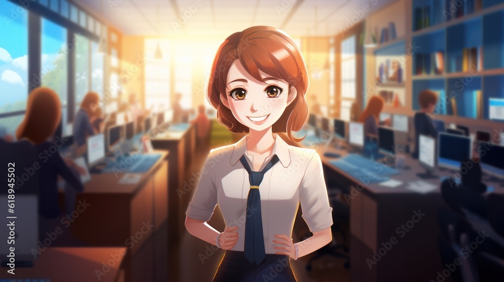 Office working girl cartoon character illustration, Office environment ...