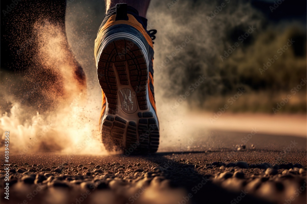 a close up of a person's feet running on a road with dust coming out of ...
