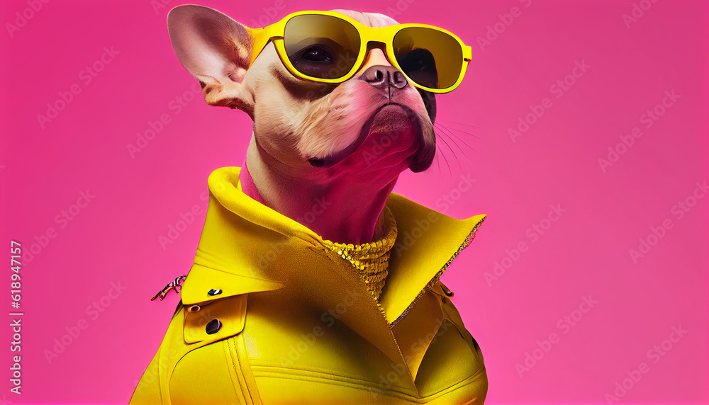 Cool looking Dog wearing funky fashion dress - bright yellow jacket ...