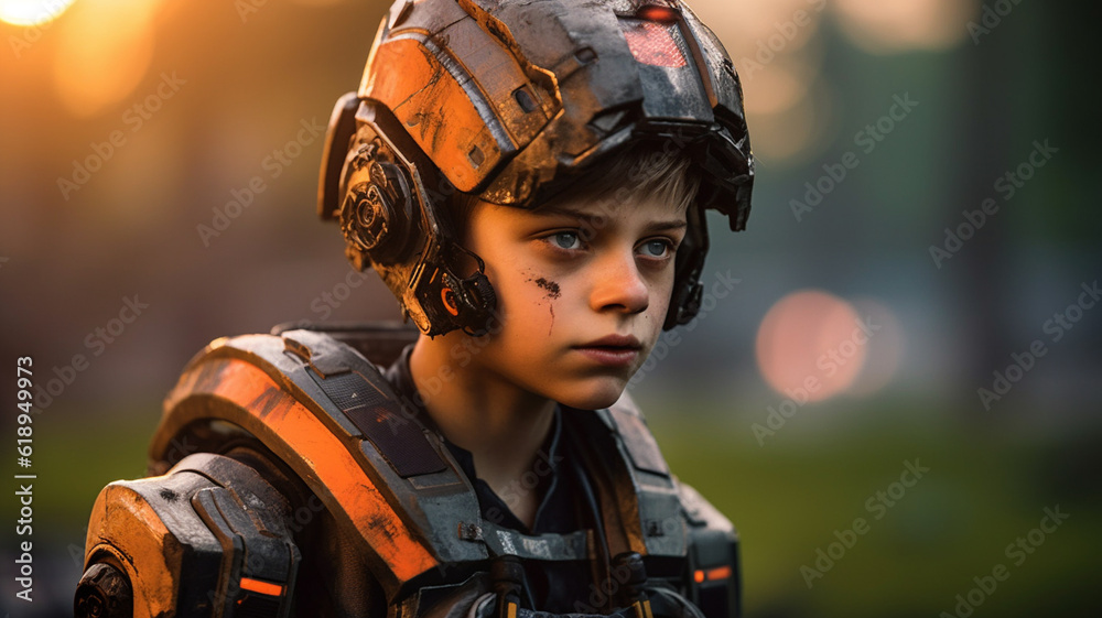 self made combat suit robot machine parts, a soldier, young teen kid ...