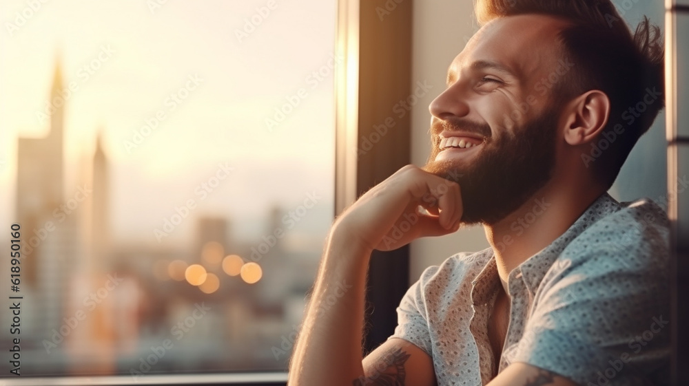 happy young adult smiling man at the window, good mood, zest for action ...