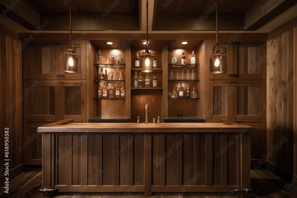 rustic bar with custom wood paneling and copper taps, created with ...