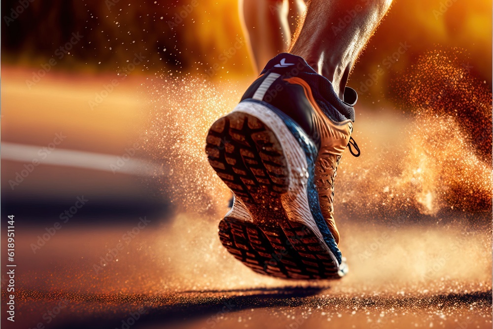 a person running on a road with dust coming out of their feet and ...