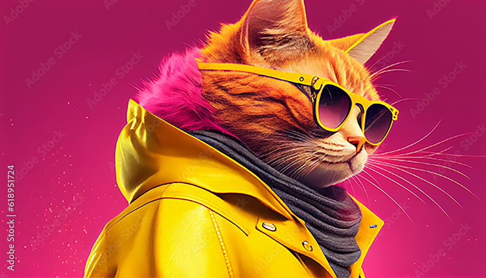 Cool looking Cat wearing funky fashion dress - bright yellow jacket ...