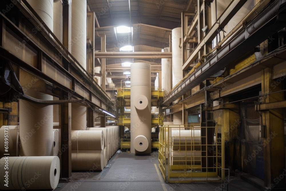 paper mill, towering stacks of raw paper rolls and steam rising ...