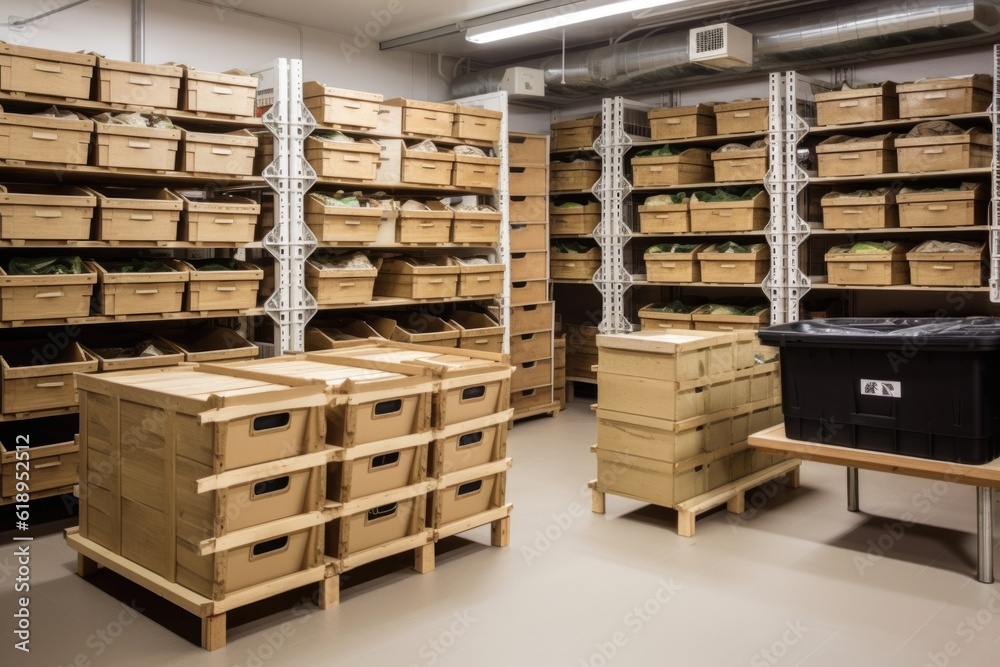 large-scale storage system with crates, boxes, and bins, created with ...