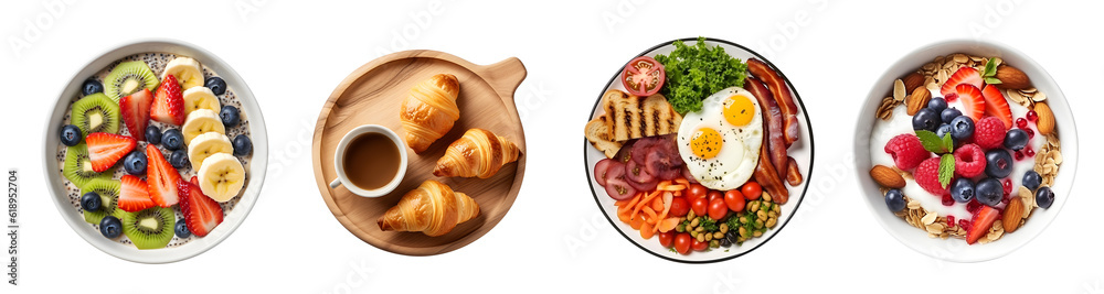 Set of top view tasty delicious breakfast food in plate, Bowl of oat ...
