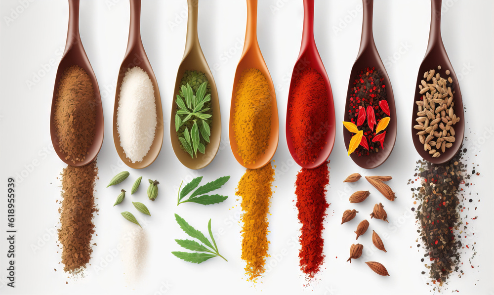 a group of spoons filled with different types of spices and herbs on a ...