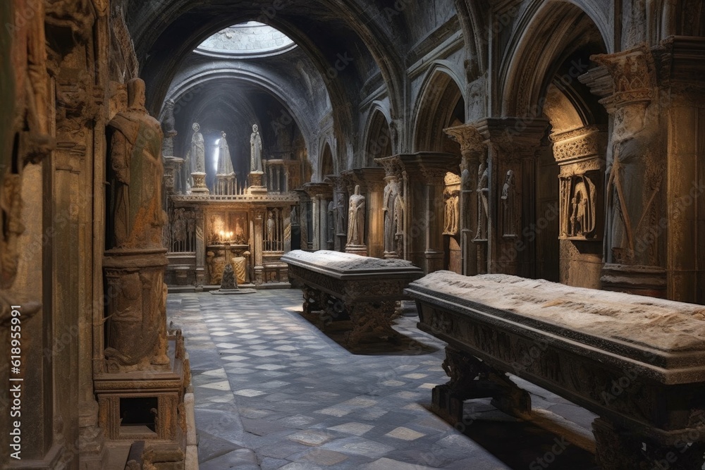cathedral crypt with ancient tombs and sarcophagi, created with ...