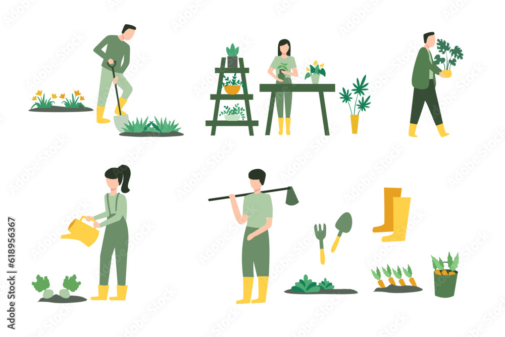 People planting flowers in garden, man and woman gardener s potting ...