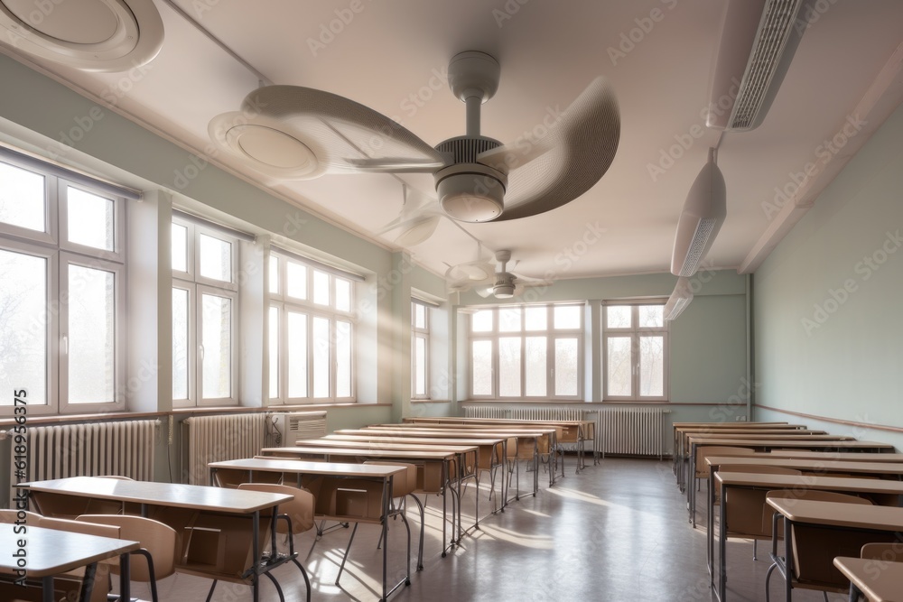 ventilation system in school classroom, with spinning fans and moving ...