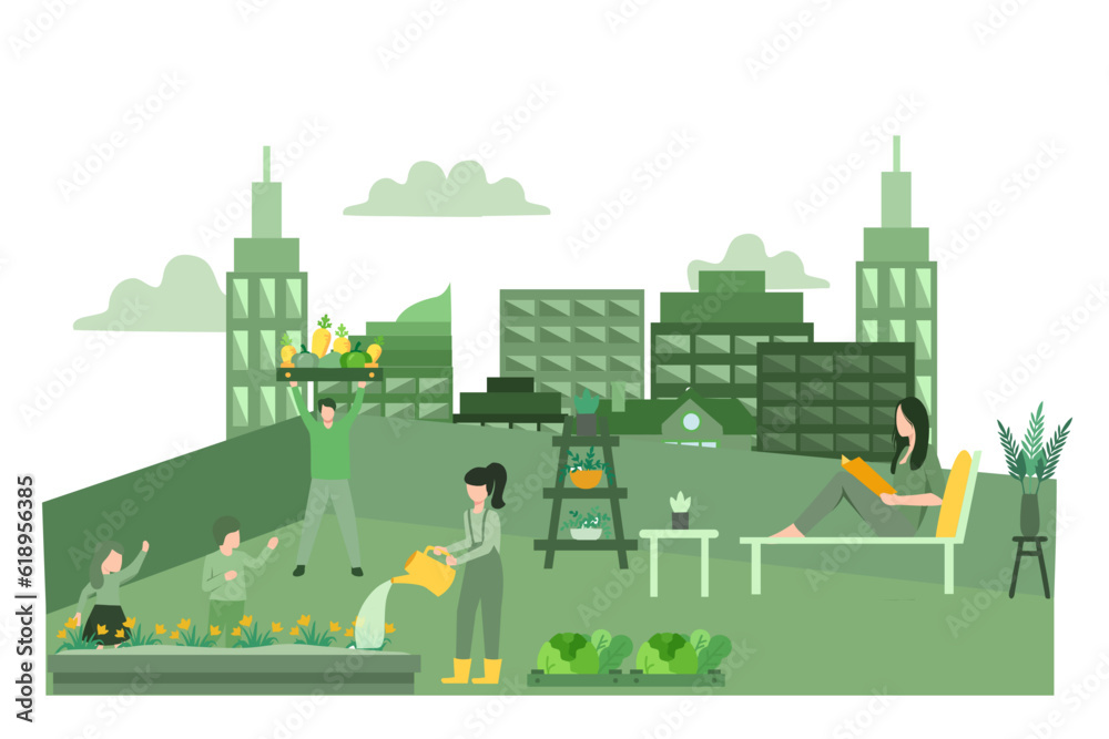Cartoon Vector Illustration Characters Care of Rooftop Garden Concept ...
