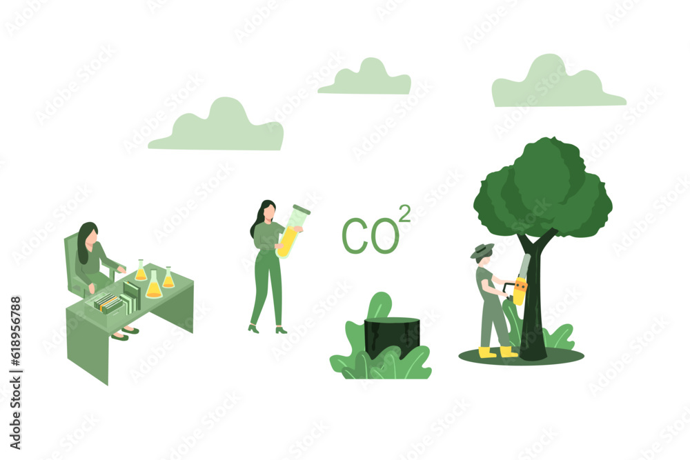 Vetor de Cartoon People Vector Illustration Tiny Characters Measure Co2 ...