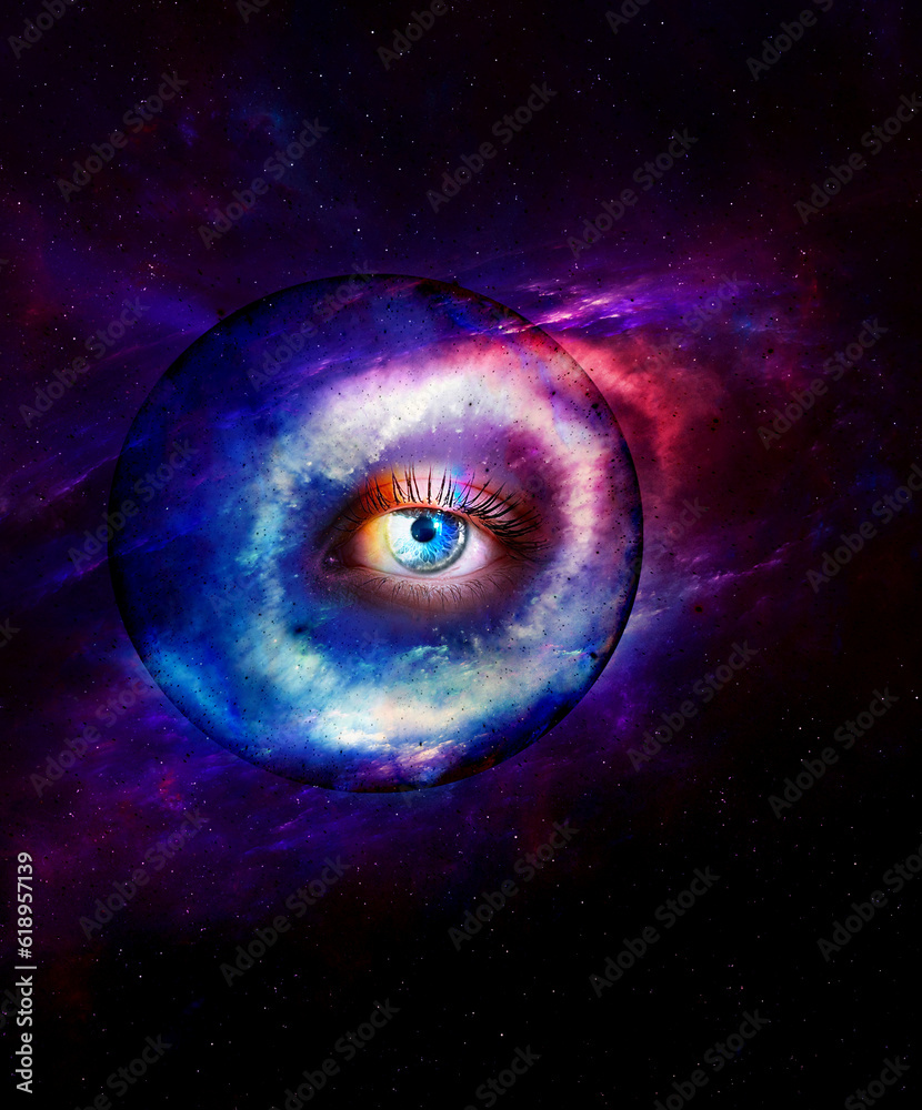 surrealism art with an eye in the purple solar system Stock Photo ...
