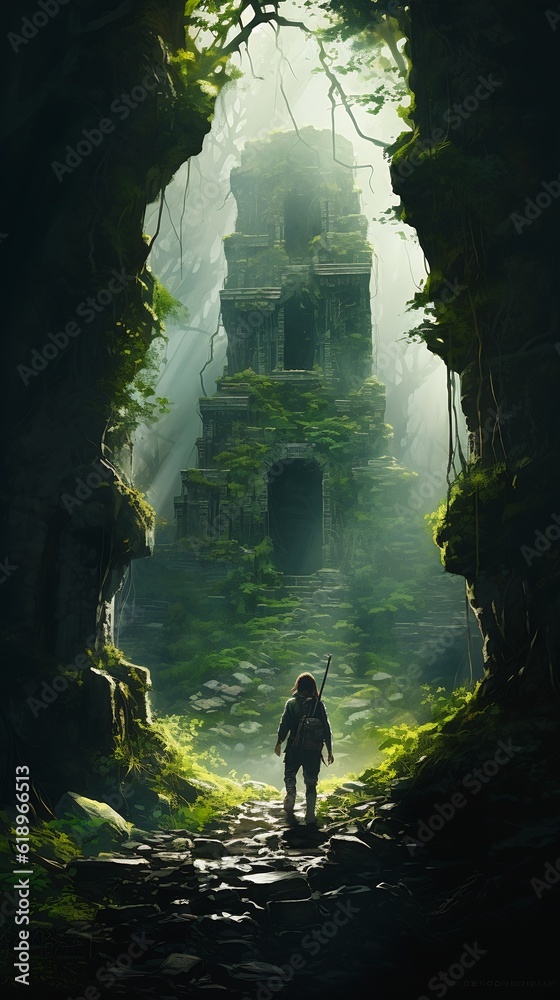 person standing cave light shining trees mausoleum tall ruins movie ...