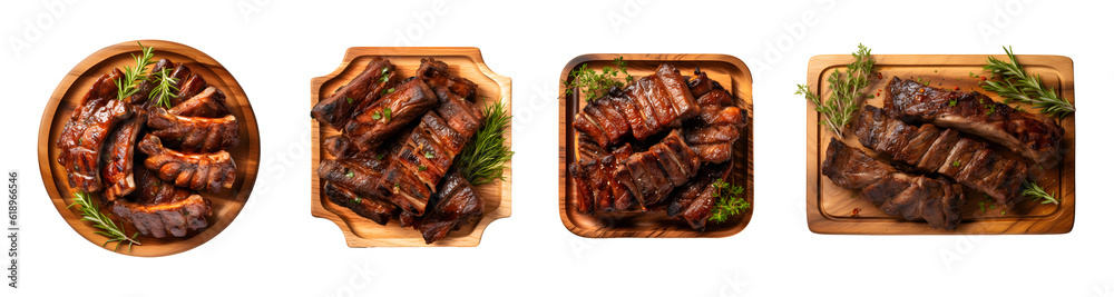 Set of top view tasty delicious Grilled and smoked ribs with bbq sauce ...