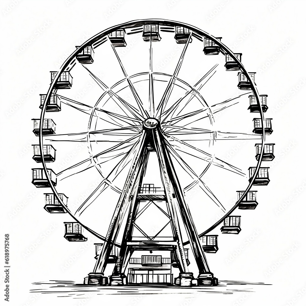 Vintage Ferris wheel ink illustration, isolated on white background ...