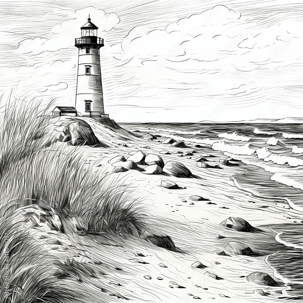 Scandinavian sea coast, lighthouse on the beach, Nordic landscape, sand ...