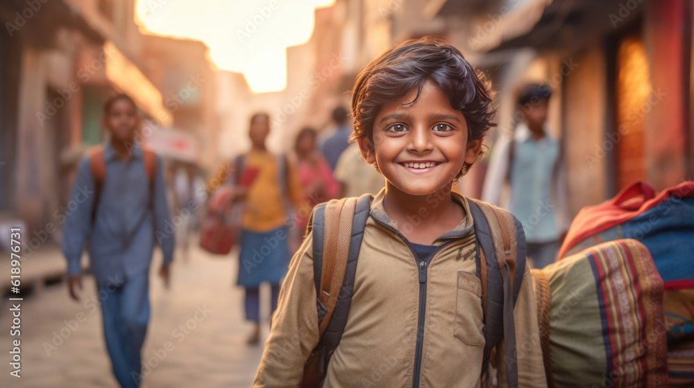 Happy little indian boy with backpack looking at camera going to school ...