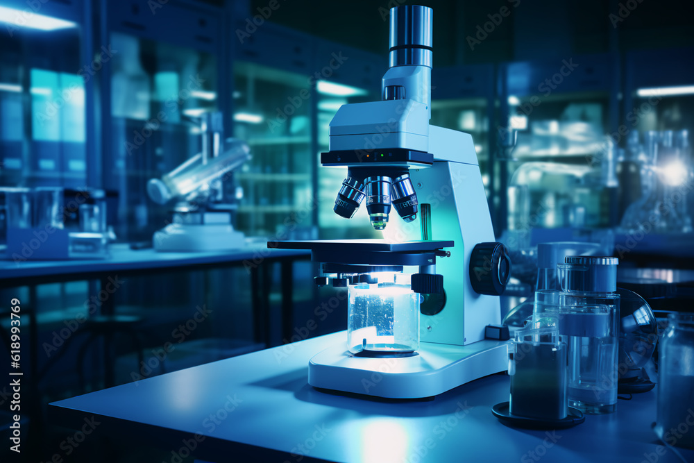 Microscope with lab glassware in modern medical laboratory, Microscopes ...