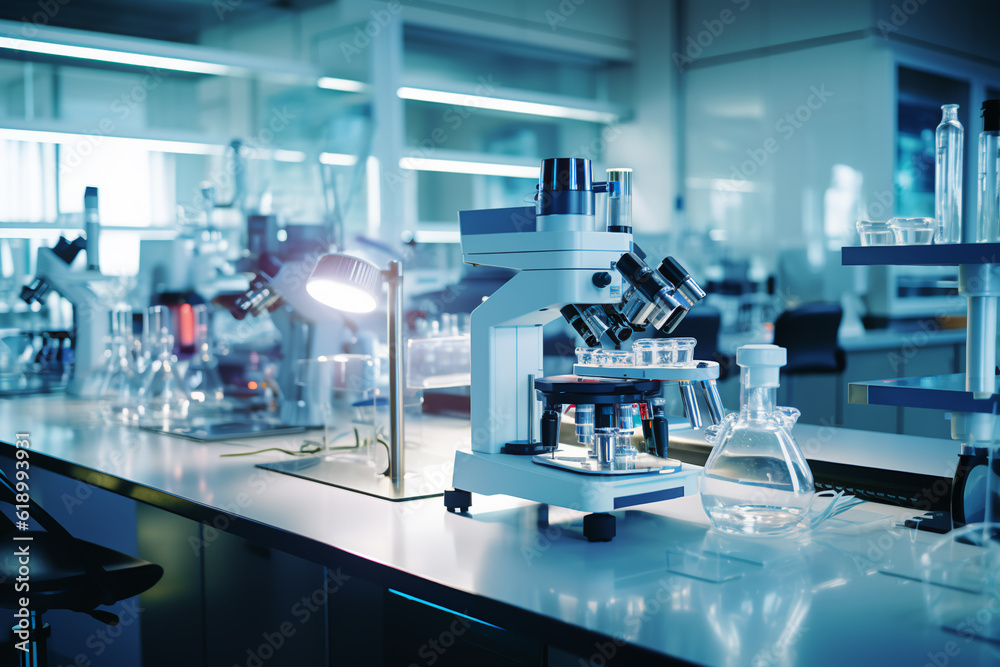 Microscope with lab glassware in modern medical laboratory, Microscopes ...