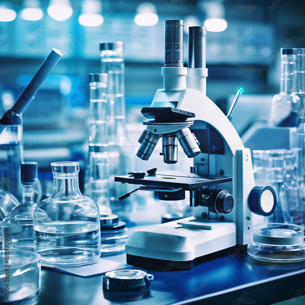 Microscope with lab glassware in modern medical laboratory, Microscopes ...
