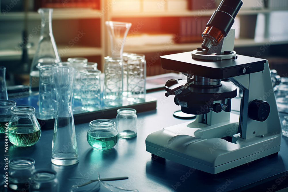 Microscope with lab glassware in modern medical laboratory, Microscopes ...
