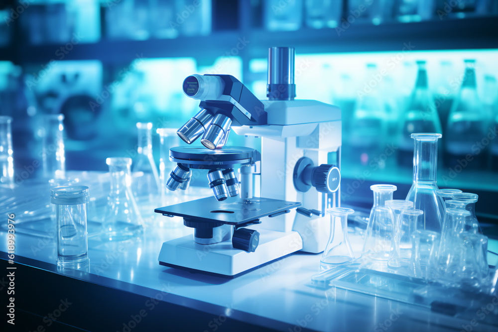 Microscope with lab glassware in modern medical laboratory, Microscopes ...