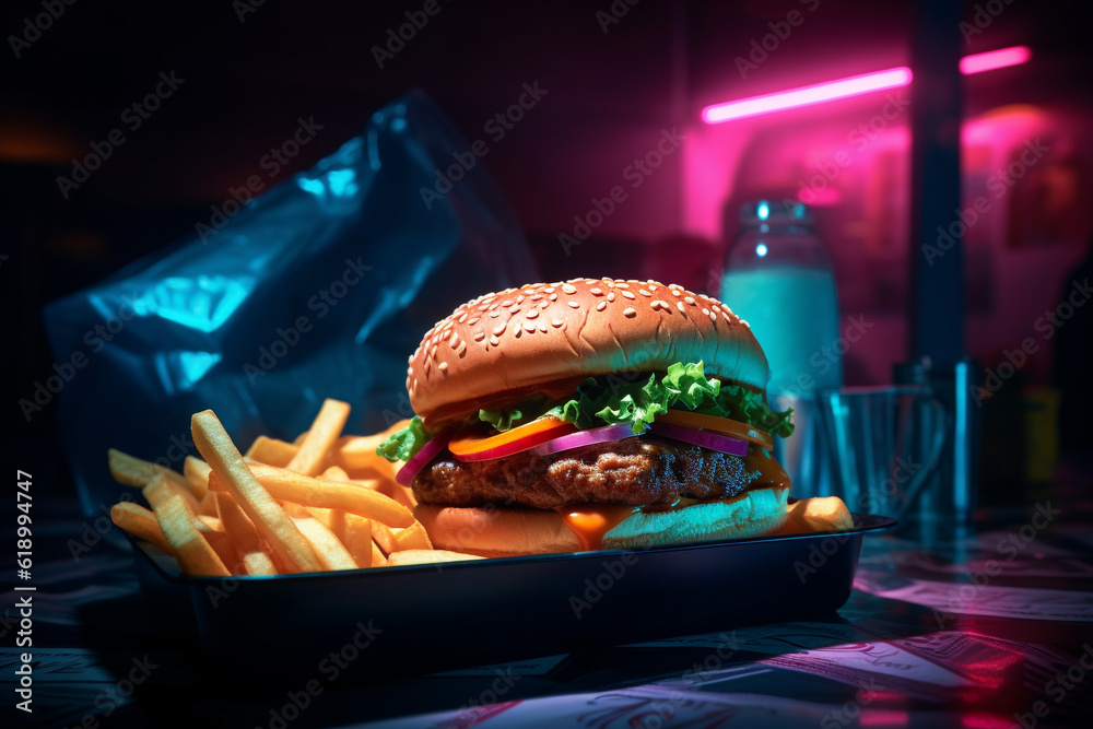 Fast food, junk food concept. Burger and french fries in dark retro ...
