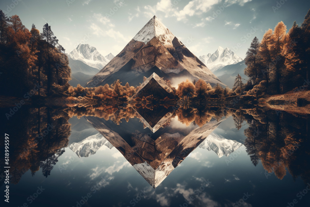 Various geometric shapes in nature surreal landscape background with ...