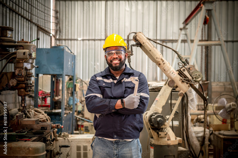 Portrait happiness engineer worker industry wearing safety uniform pose ...