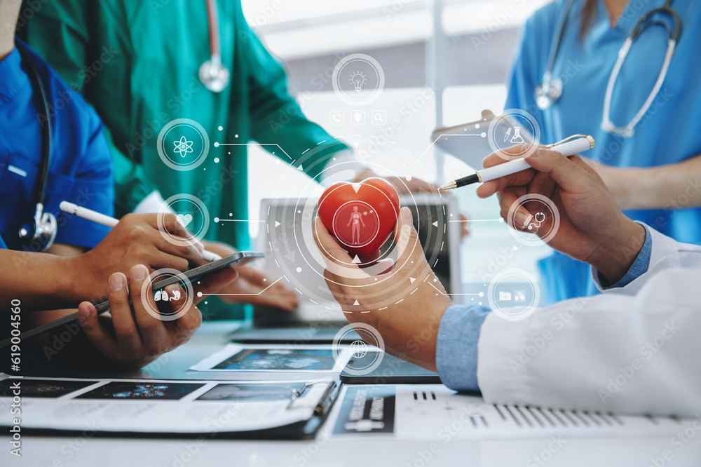 Medical technology network team meeting concept. Doctor hand working ...