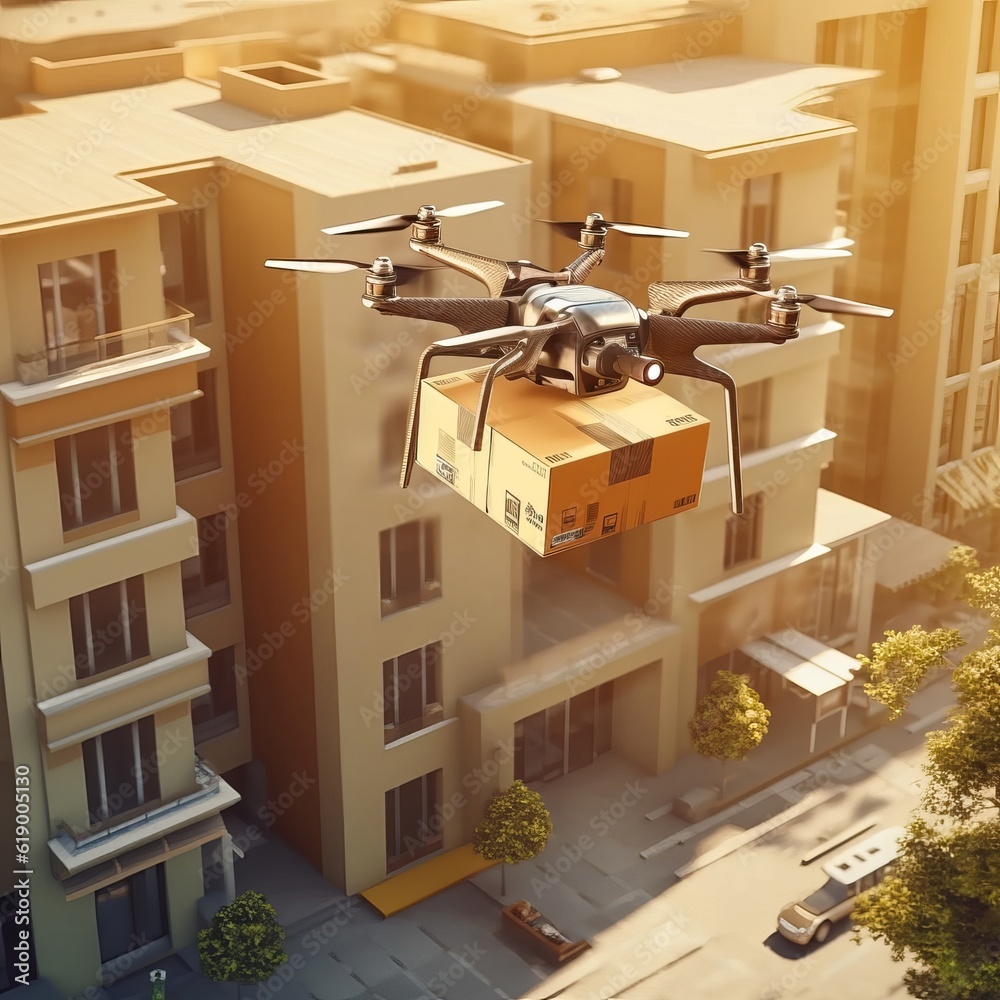 Drone parcel delivery service. Parcel with flowers and pizza. Box with ...