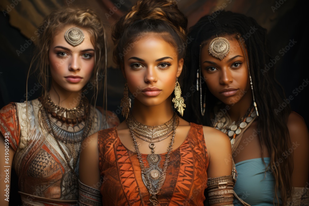 Beautiful young womans posing in tribal clothing and jewelry. Made with ...