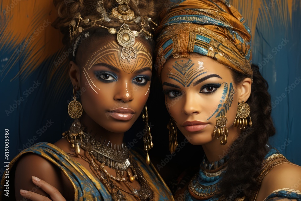 Beautiful young womans posing in tribal clothing and jewelry. Made with ...