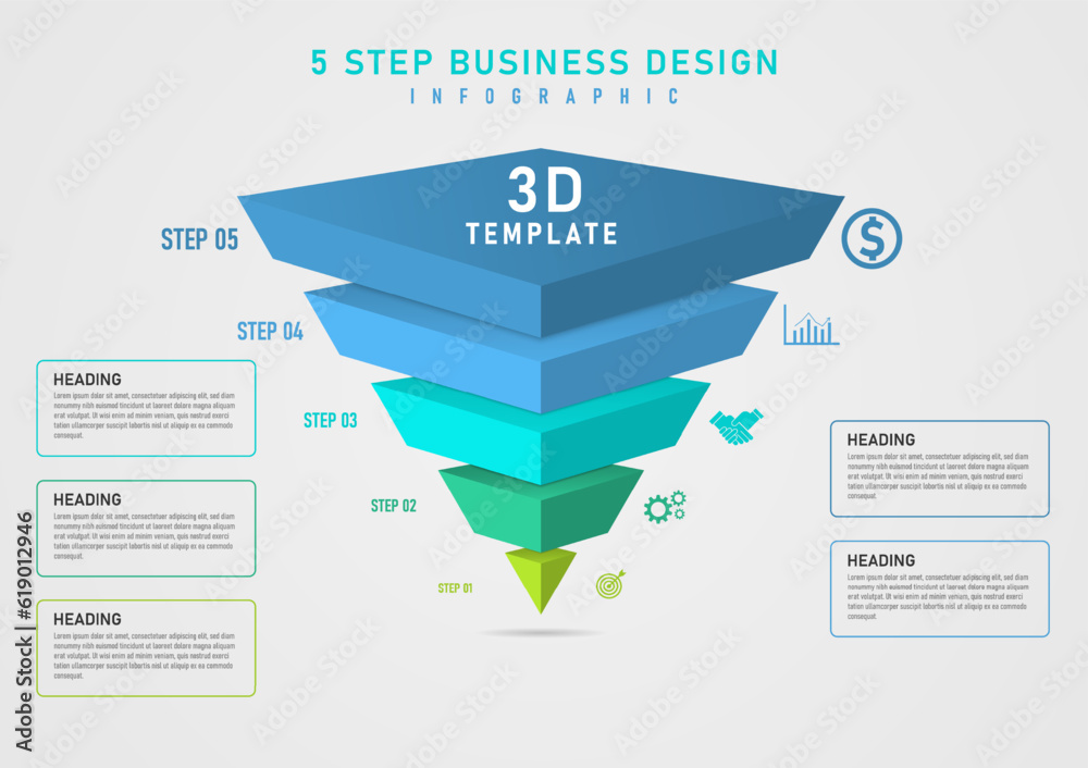 3D infographic template 5 steps triangle inverted pyramid divided into ...