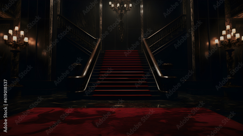 Stairs in the middle of the hall room red and dark horror theme ...