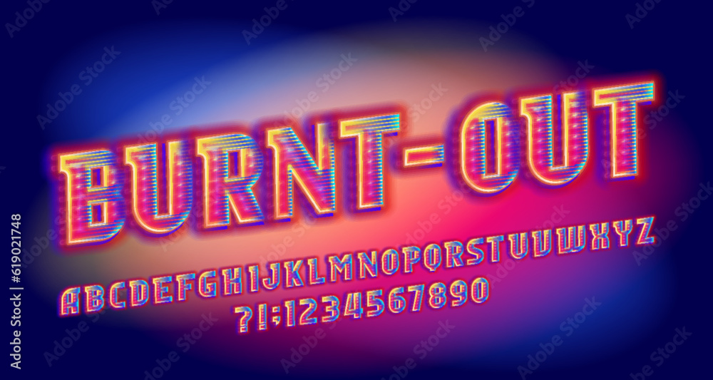 Burnt-out alphabet font. Colorful neon light letters and numbers. Stock ...