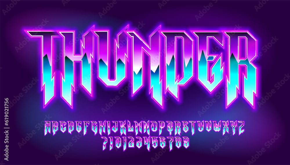 Thunder alphabet font. Glowing letters and numbers in heavy metal style ...