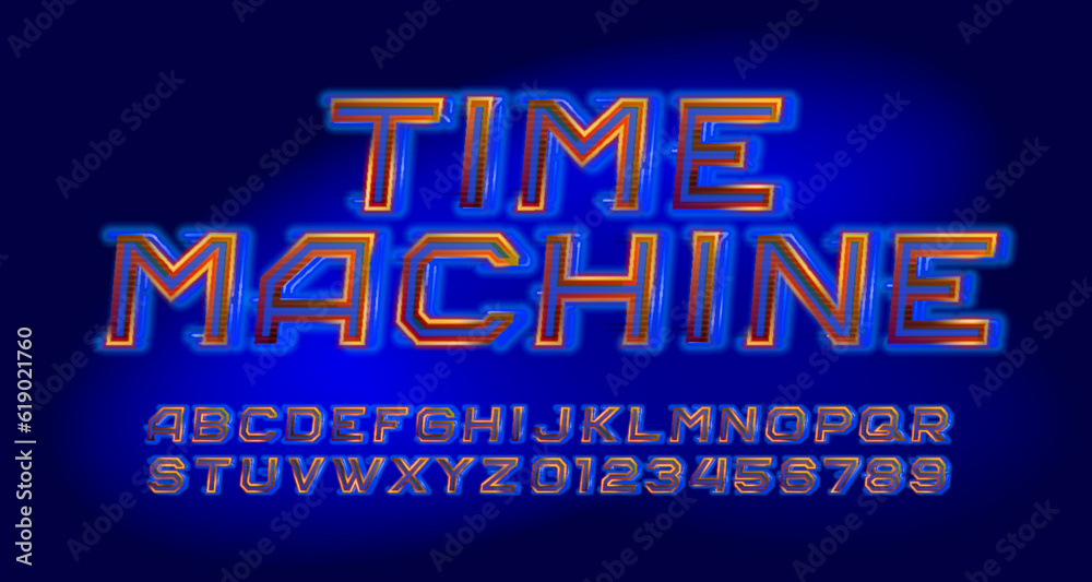 Time Machine alphabet font. Neon futuristic letters and numbers. Stock ...