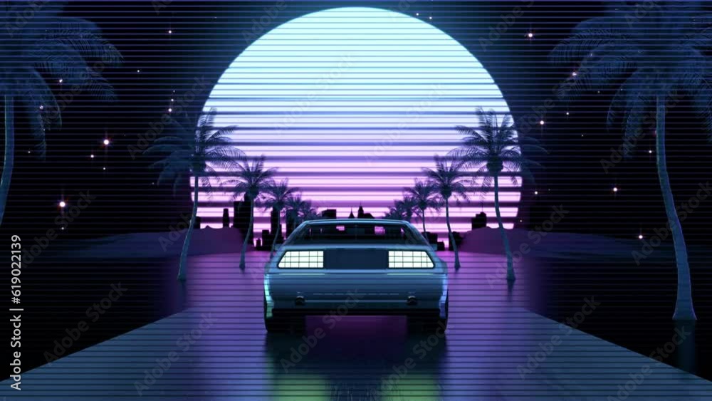 Retrowave skyline scene with neon lights and low poly territory. 80s ...