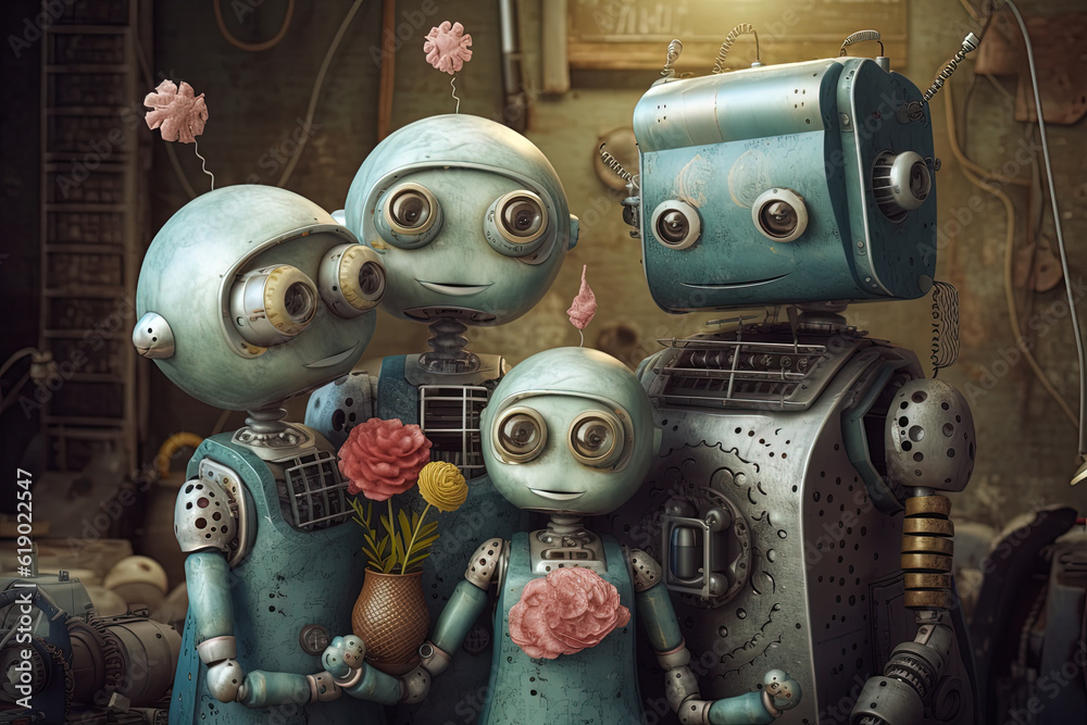 Happy robot family hugging. Robots parents and children together ...