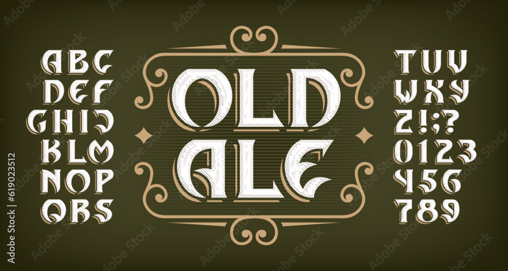 Old Ale alphabet font. Letters and numbers in medieval style for label ...