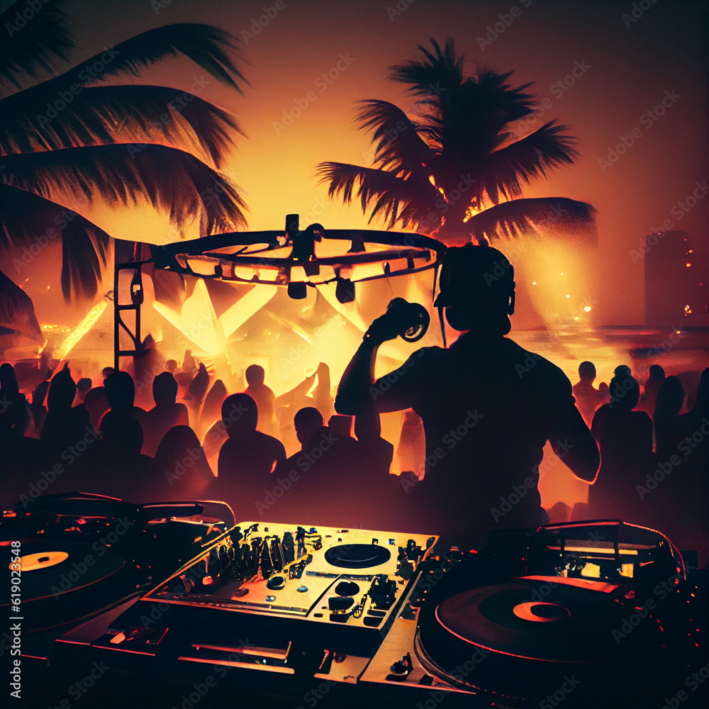 DJ mixing music tracks at a beach party. In the background, people are ...