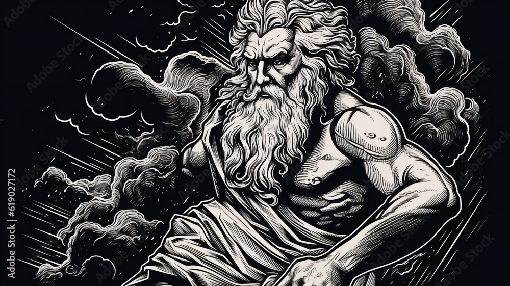 Engraved portrait of Zeus king of the gods on Mount Olympus in Greek ...