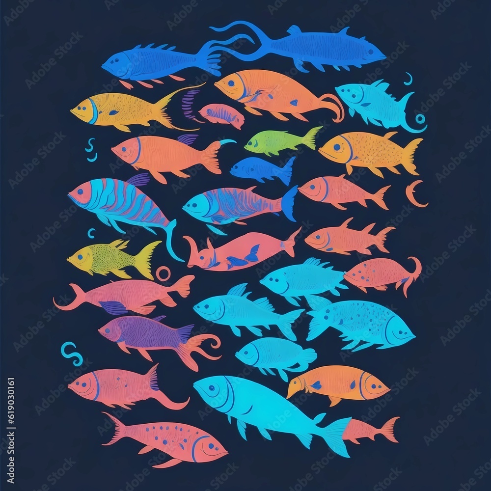 Spread of fishes on coral reaf, t-shirt graphic, neon colors, contour ...