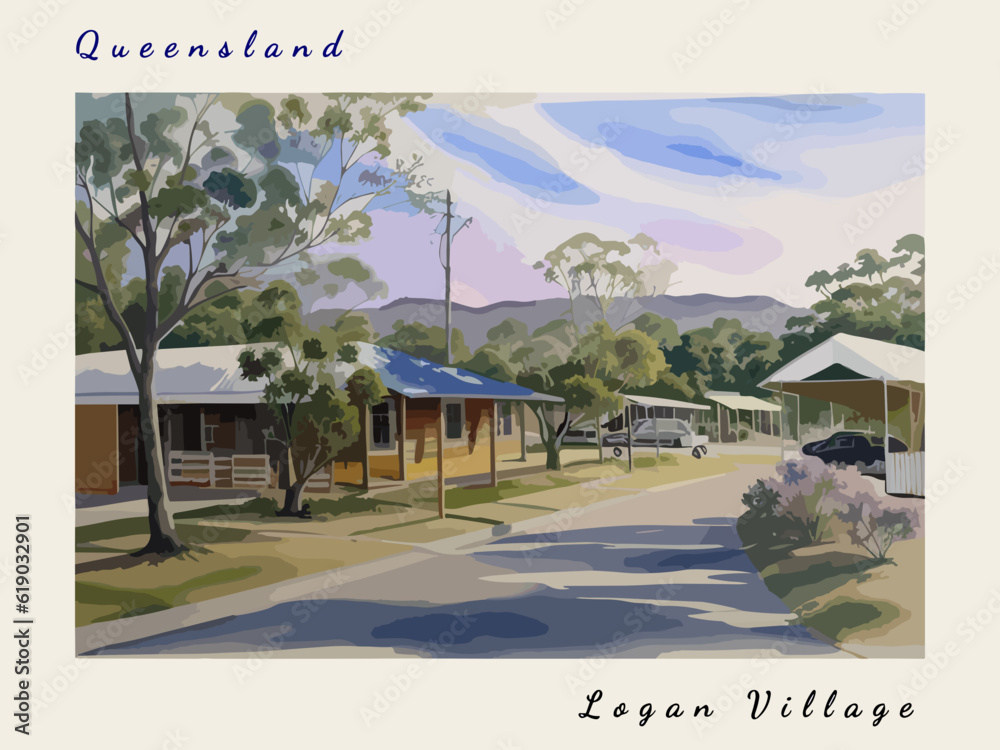 Logan Village: Postcard design with a scene in Australia and the city ...
