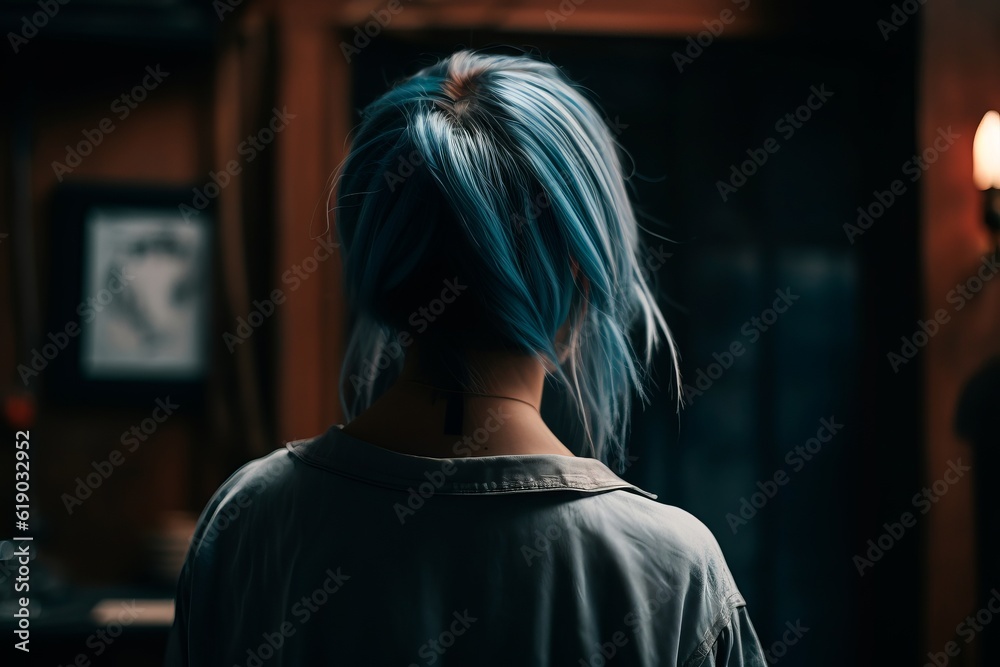 Back view of sad woman with unusual blue hair in the dark room feeling ...