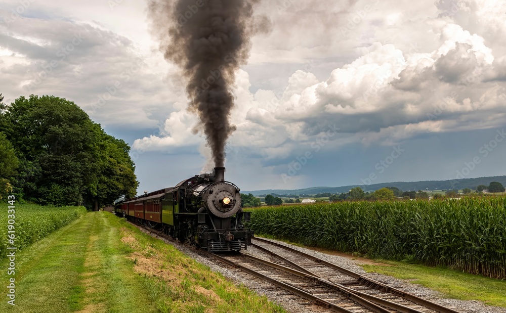 Vintage steam locomotive travelling along a set of railroad tracks ...